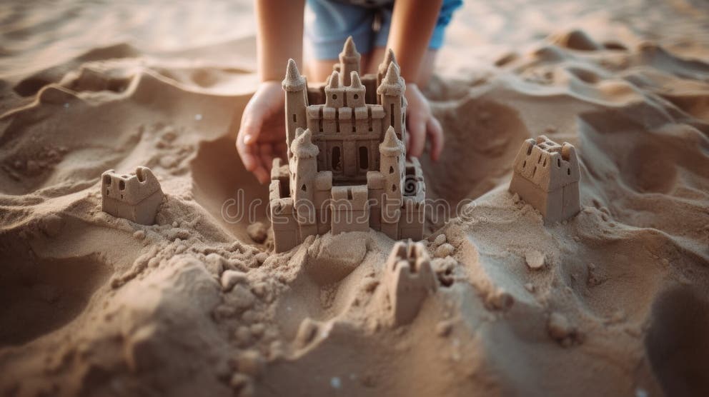 A Child Playing with a Sand Castle in the Middle of the Beach, AI Stock ...