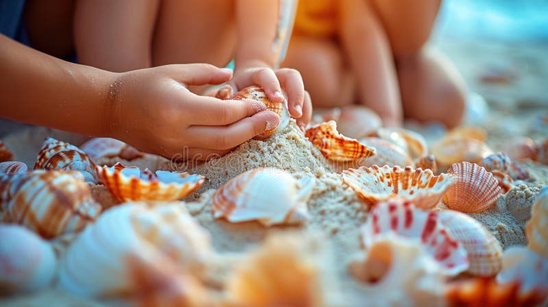 A Child is Playing with Shells on the Beach, AI Stock Image - Image of ...