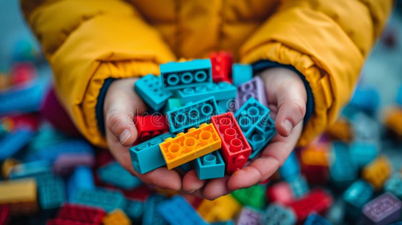 Child Playing with Stack of Legos Stock Image - Image of playful ...