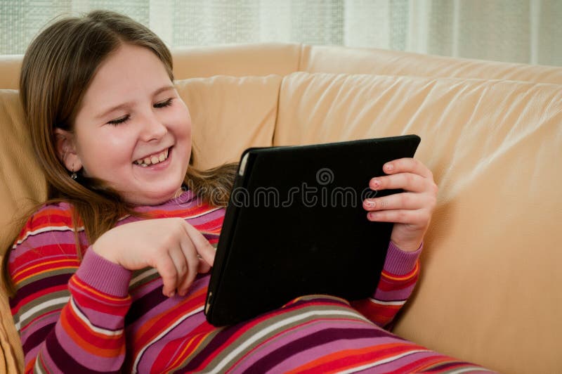 Happy Girl with Tablet Computer Stock Image - Image of front, people ...