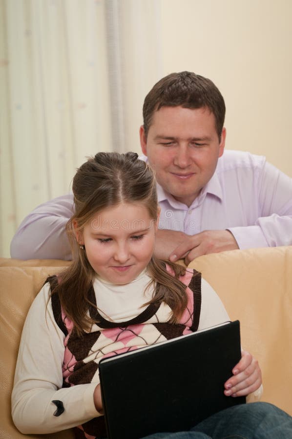 Child Playing with Tablet - Father Watching Stock Image - Image of ...