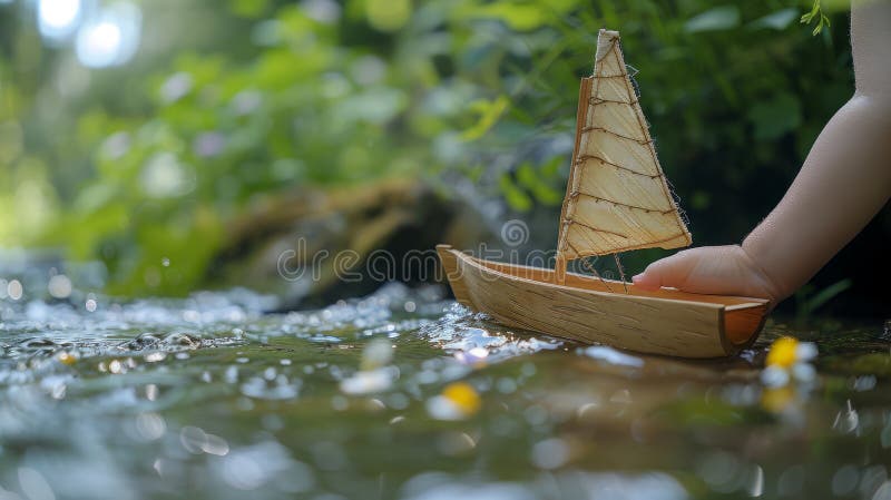 Child Playing with Toy Boat in a Stream. Stock Image - Image of ...