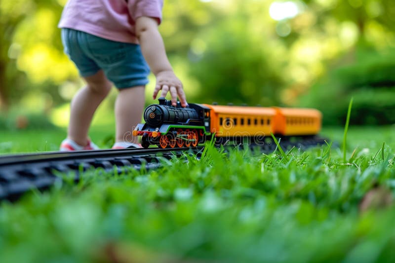 Child Playing with a Toy Train on a Track in a Park with Trees and ...