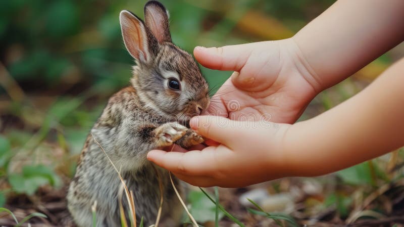 A Child Plays with a Small Rabbit in Nature Stock Illustration ...