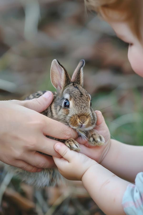 A Child Plays with a Small Rabbit in Nature Stock Illustration ...