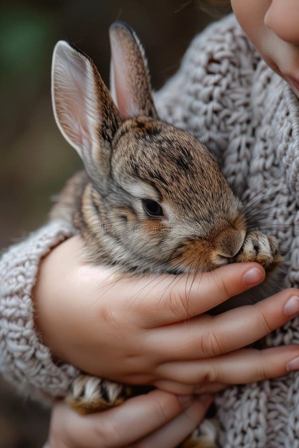 A Child Plays with a Small Rabbit in Nature Stock Photo - Image of ...