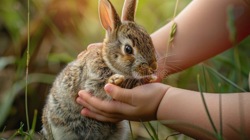 A Child Plays with a Small Rabbit in Nature Stock Photo - Image of girl ...