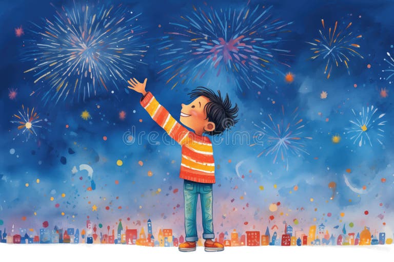 Child Pointing Towards a Vibrant Firework in Dark Sky Stock ...
