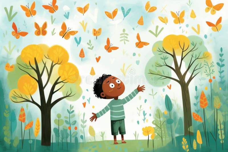 Child Pointing Upwards at a Butterfly Fluttering Amongst Trees Stock ...