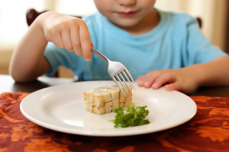Child Poking Fork in Tofu Steak Serving Stock Photo - Image of ...