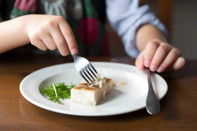 Child Poking Fork in Tofu Steak Serving Stock Image - Image of ...