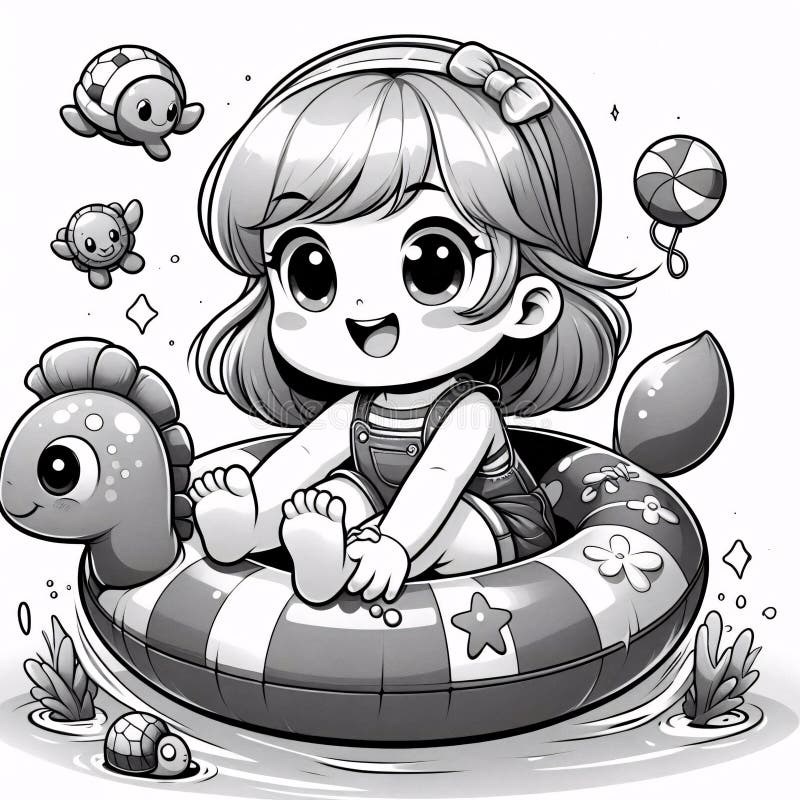 A Child in a Pool Float Surrounded by Toys, Rendered in Monochrome ...