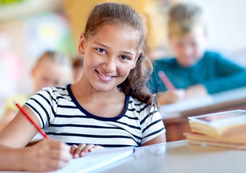 Child, Portrait and School Desk in Class with Notebook for Lesson ...