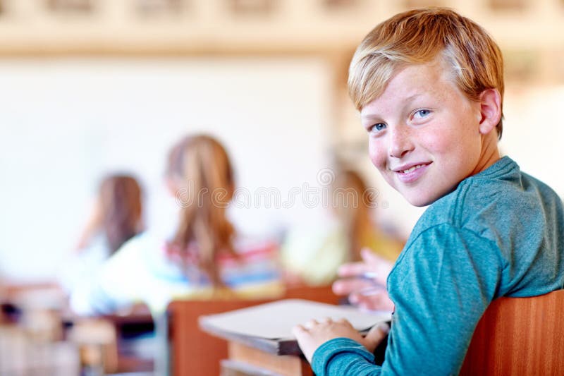 Child, Portrait and School Desk with Notebook for Education in Teaching ...