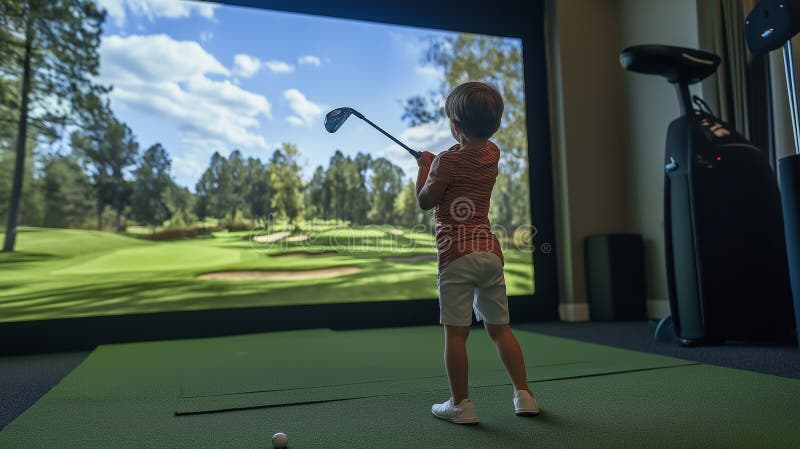 Child Practices Golf Swing Indoors with Virtual Golf Simulator on Sunny ...