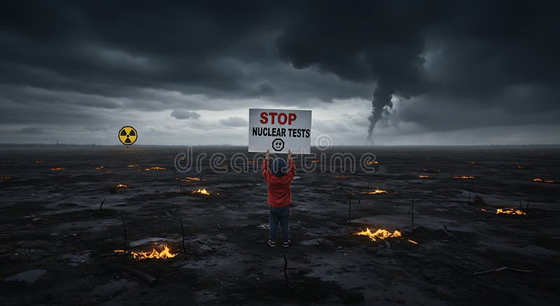Child Protests Nuclear Tests in Bleak, Post-Apocalyptic Landscape Stock ...