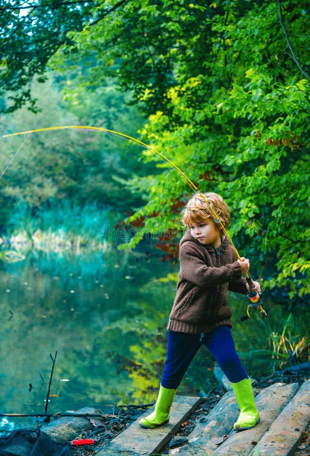 Child Pulling Rod while Fishing on Weekend. Stock Image - Image of ...