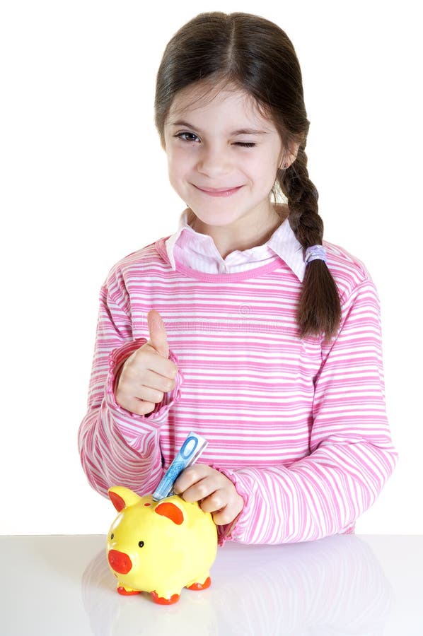 Child Putting Dollars In Money Box Stock Photo - Image of bank, coin ...