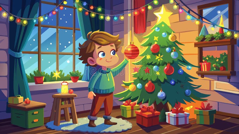 A Child Putting Up the Christmas Tree Decorations in Warm Soft Lighting ...