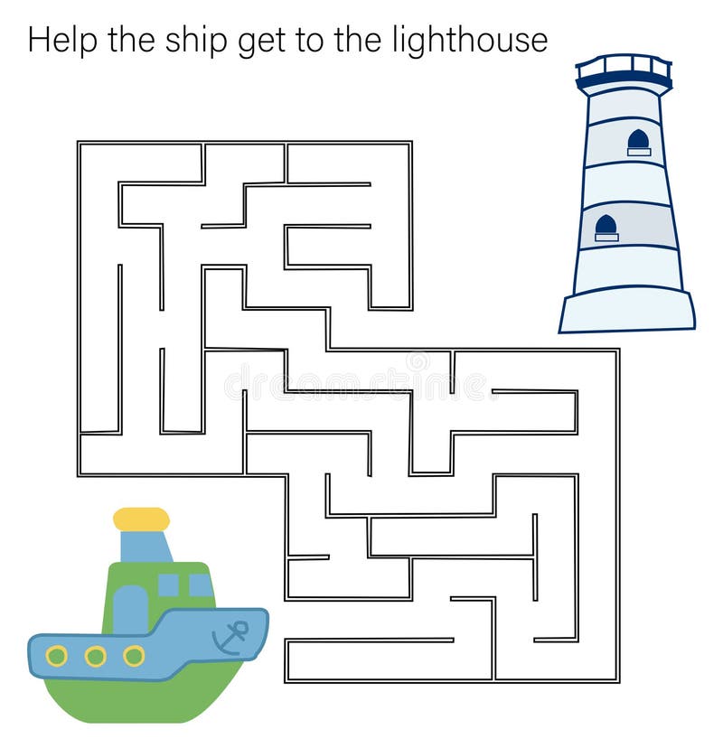 Maze. Help Path for Ship To the Lighthouse. Stock Vector - Illustration ...