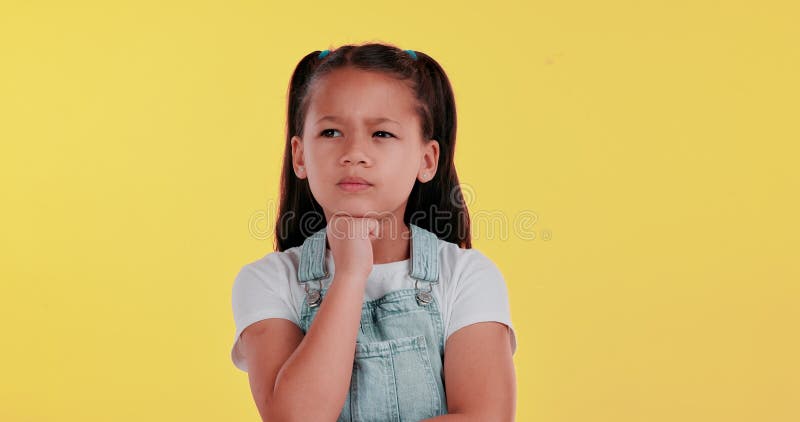 Child, Question and Thinking or Idea in Studio with Serious Face for ...