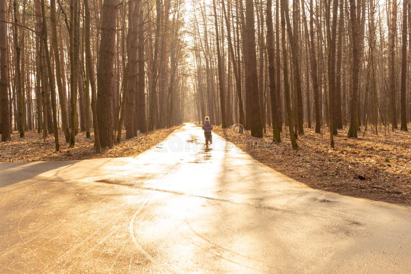 The Child Races on a Scooter Along an Asphalt Road through a Spring ...