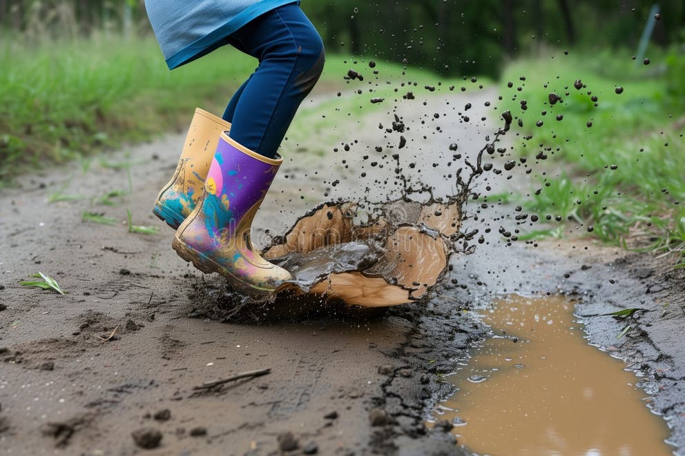 Child in Rain Boots Splashing in a Mud Puddle Stock Image - Image of ...
