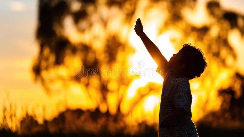 Child Reaches for the Golden Sunset, a Moment of Joy and Freedom Stock ...