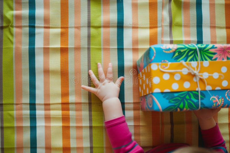 Child Reaching for a Colorful Gift Box on a Striped Mat Stock Image ...