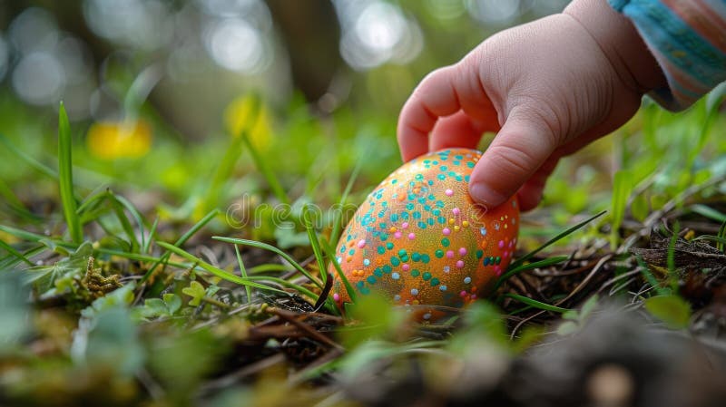 Child Reaching for Easter Egg in Grass Stock Photo - Image of festive ...