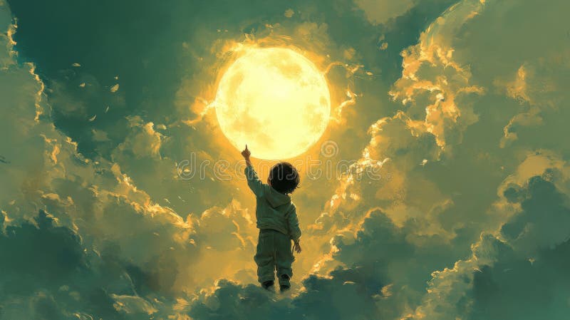 Child Reaching for a Giant Moon in a Dreamlike Sky Stock Illustration ...