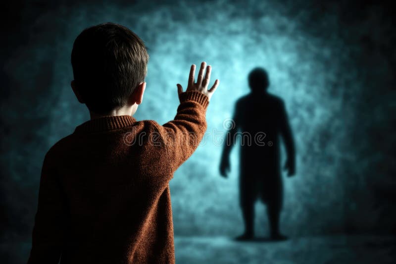 Child Reaching Towards Mysterious Shadowy Figure on Blue Background ...