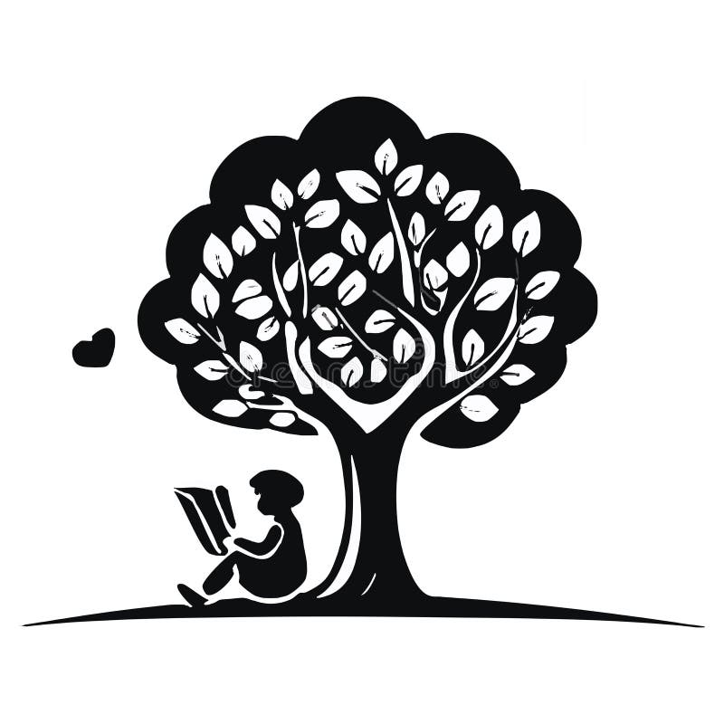 Child Reading a Book Under a Tree. Black and White Vector Illustration ...