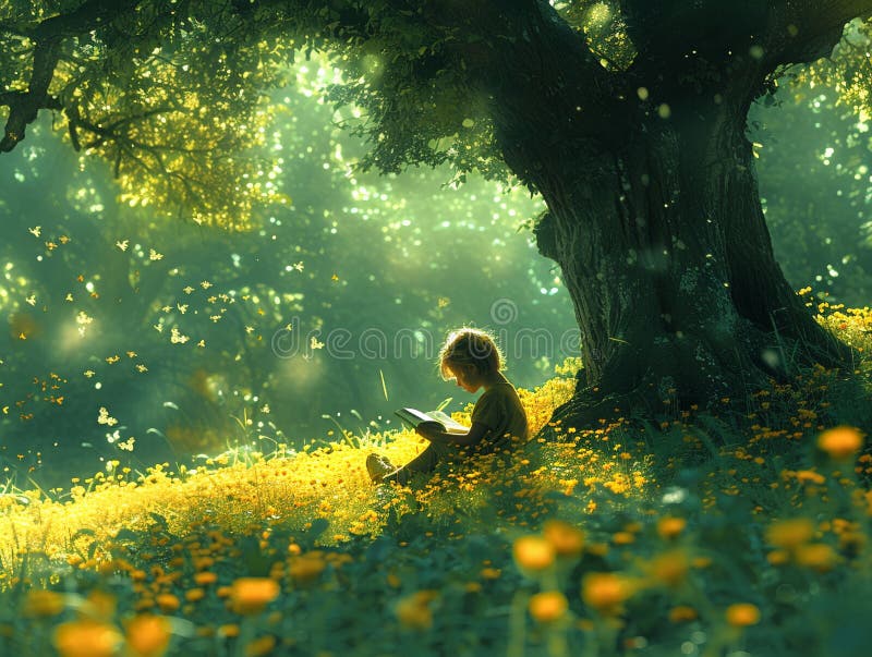 A Child Reading a Book Under a Tree Close-up Stock Image - Image of ...