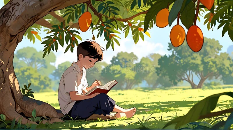 A Child Reading a Book Under a Tree with Oranges Stock Illustration ...