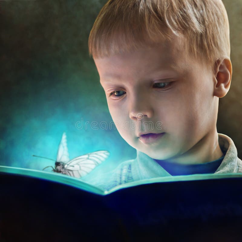 Child reading a magic book stock illustration. Illustration of looking ...