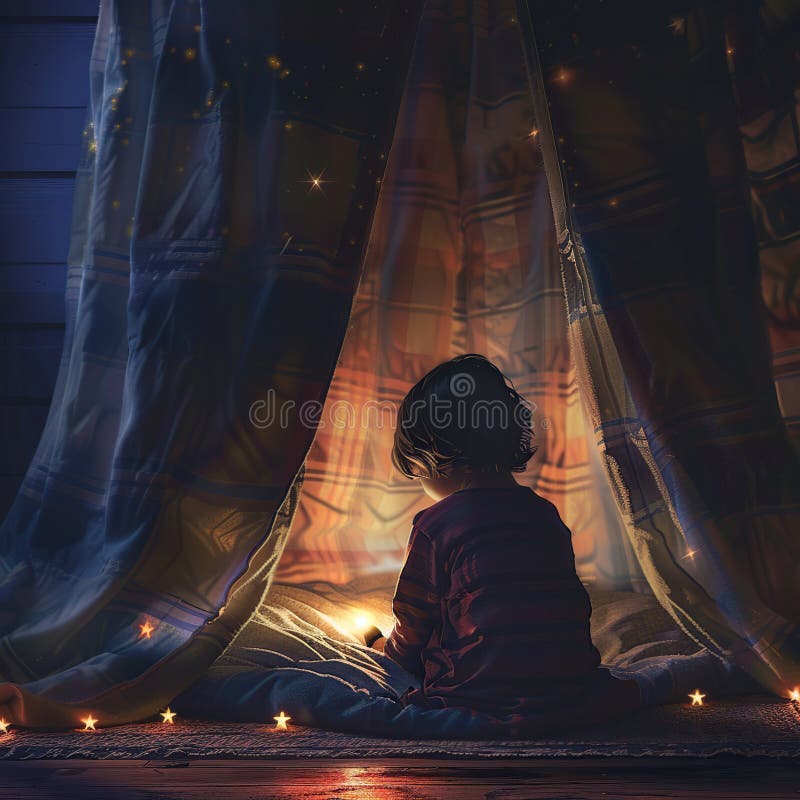 Child Reading in a Magical Fairy Light Tent Stock Illustration ...