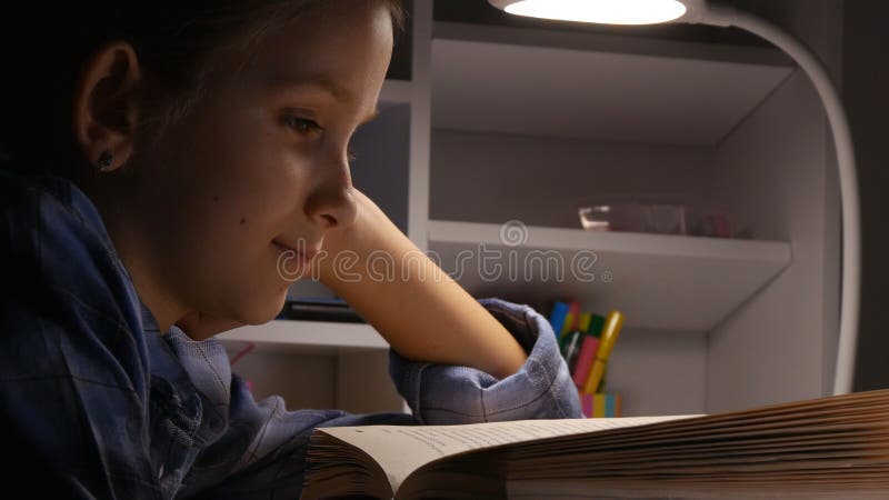 Child Reading in Night, School Girl Studying in Dark, Kid Learning ...