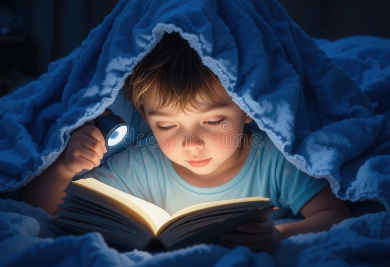 Child Reading Under Blanket with Flashlight at Bedtime Stock ...