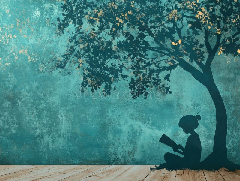 Child Reading Under a Tree Silhouette Against Textured Blue Background ...