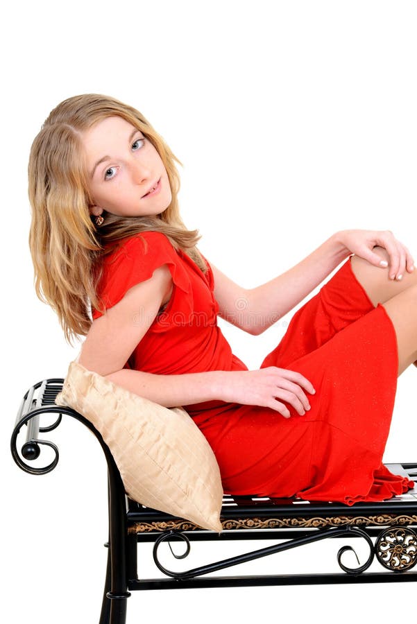 Child with Red Dress on Bench Stock Photo - Image of female, leaning ...
