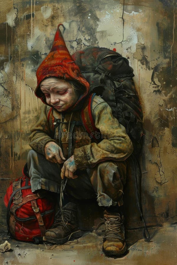 A Child in a Red Hooded Jacket Sits on the Ground, Surrounded by a Worn ...