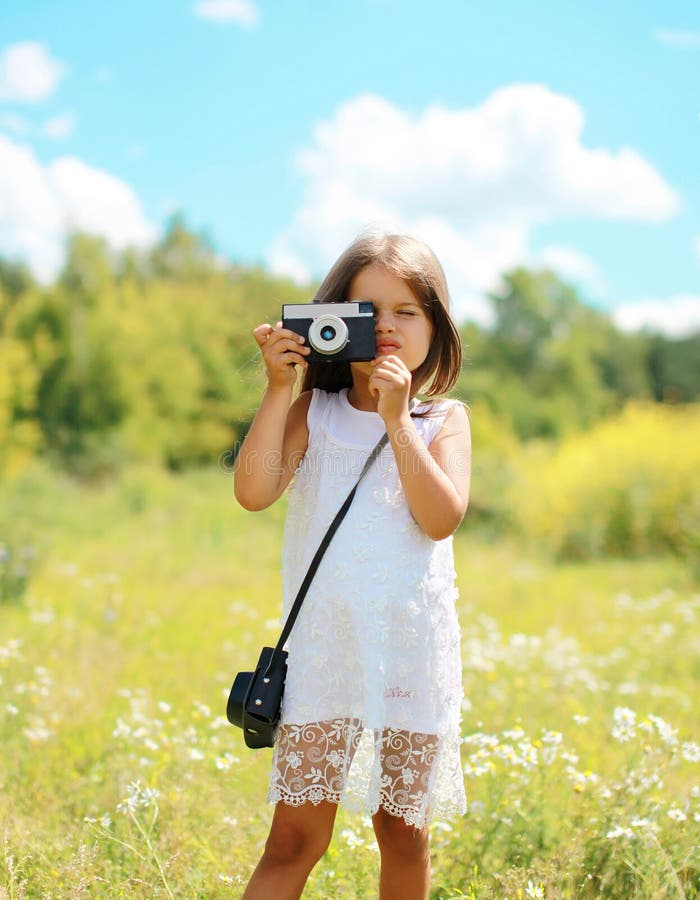 Child with Retro Camera in Summer Day Stock Photo - Image of girl ...