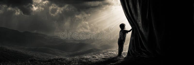 Child Reveals Bright Landscape by Pulling Aside a Curtain of Darkness in a Serene Setting Filled ...