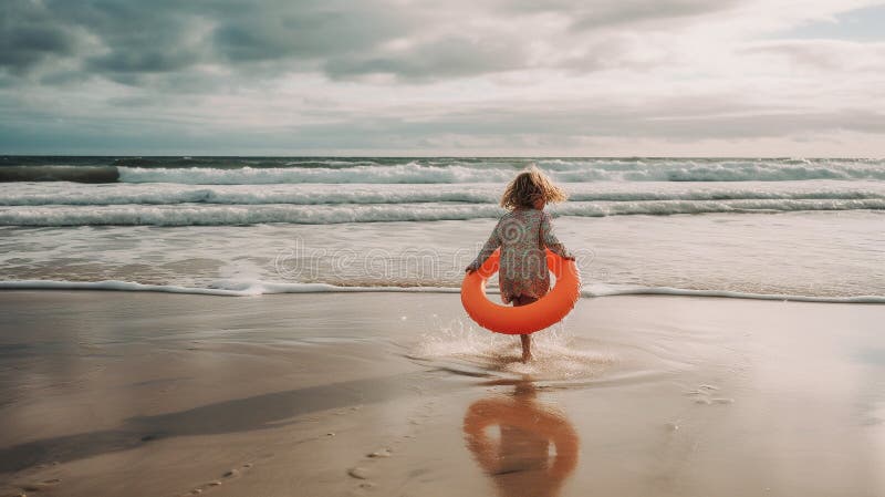 A Child Running on the Beach with an Inflatable Ring Stock Illustration ...