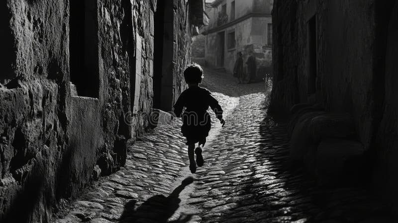 Child Running through a Cobblestone Alleyway Stock Illustration ...