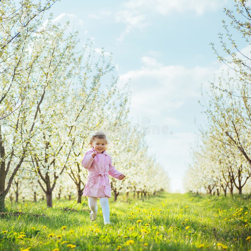 Child Running Outdoors Blossom Trees. Art Processing and Retouch Stock ...