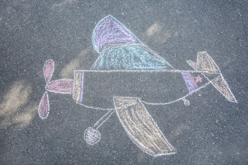Child`s Chalk Drawing of Airplane on Asphalt Stock Illustration ...