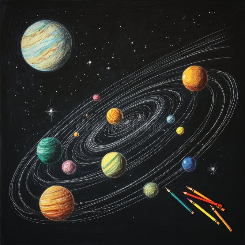 A Child S Chalk Drawing of Planets and Stars in Space Stock Image ...
