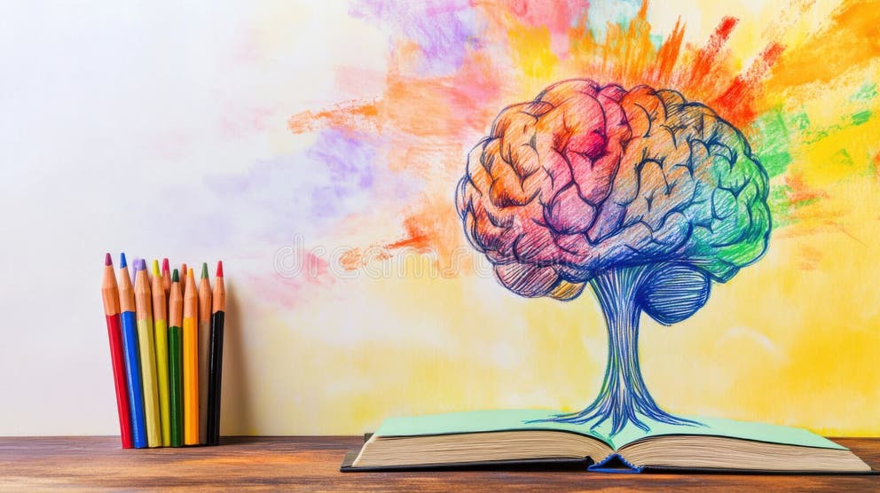 Child S Crayon Drawing of Brain Growing from Book, Playful and Creative ...